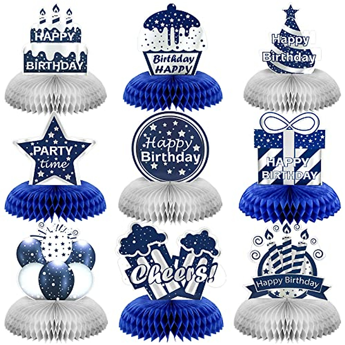 9 Pieces Happy Birthday Party Decorations Birthday Table Centerpieces Happy Birthday Honeycomb Centerpieces for Men and Woman Birthday Party Supplies (Blue Silver)