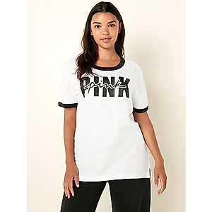 Victoria's Secret PINK Cotton Short Sleeve Campus T Shirt, Women's T Shirt, Optic White, XL