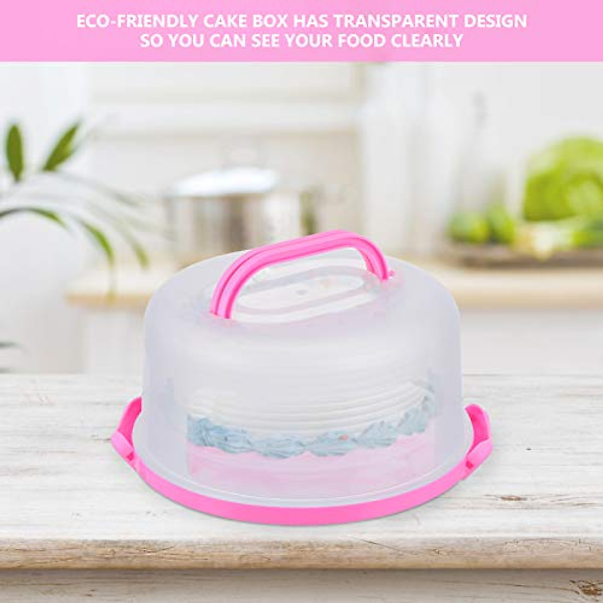 Hemoton Portable Cheesecake Carrier Round Cake Container Clear Dome Lids Cupcake Muffin Pie Box Dessert Serving Tray with Handle for Fruits Pastry Donut Baked Bread 10inch Pink