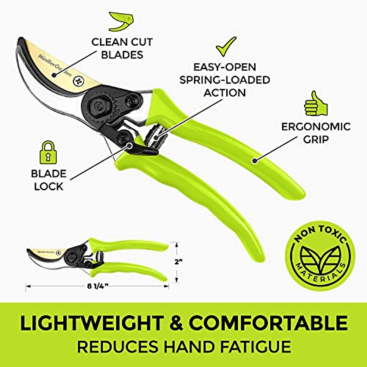 Mueller Heavy Duty Garden Shears, Hand Pruner, Bypass Shears, Durable Hardened Titanium Blades, 1.2" Cutting Diameter, Blade Lock, Ergonomic Grip