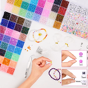 QUEFE Craft Beads Kit 6400pcs 4mm Glass Seed Beads and 960pcs Letter Beads for Friendship Bracelets Jewelry Making Necklaces and Key Chains with 2 Rolls of Crystal String, DIY Art Craft Gifts