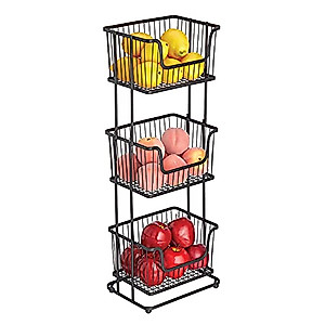 mDesign Tall 3 Basket Tiered Bathroom Holder, Metal Wire Floor Stand Storage Layered Rack with Three Tier Storage Shelving Bathroom Organizer Bins for Bath Towels, Hand Soap, and Toiletries - Black