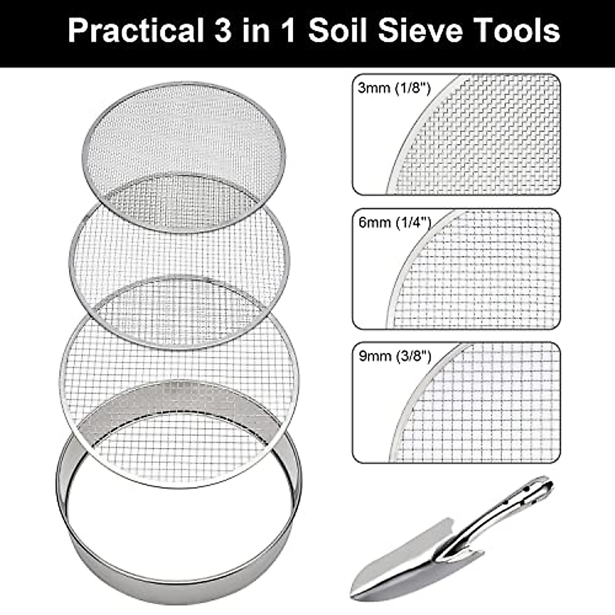 Soil Sieve Stainless Steel Riddle Sieve Set, 12" Diameter, with 3 Interchangeable Filter Mesh Sizes 3,6,9mm and Shovel