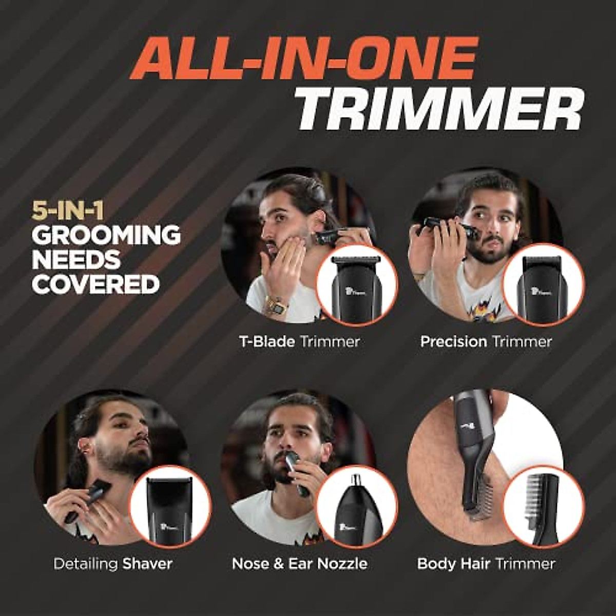 Fagaci Gentle with Skin 5 in 1 Hair Trimmer, Waterproof Ball Trimmer for Men with Turbo Speed, Quick Charge Body Hair Trimmer for Facial, Pubic, Groin, Electric Hair Beard Trimmer for Men Professional