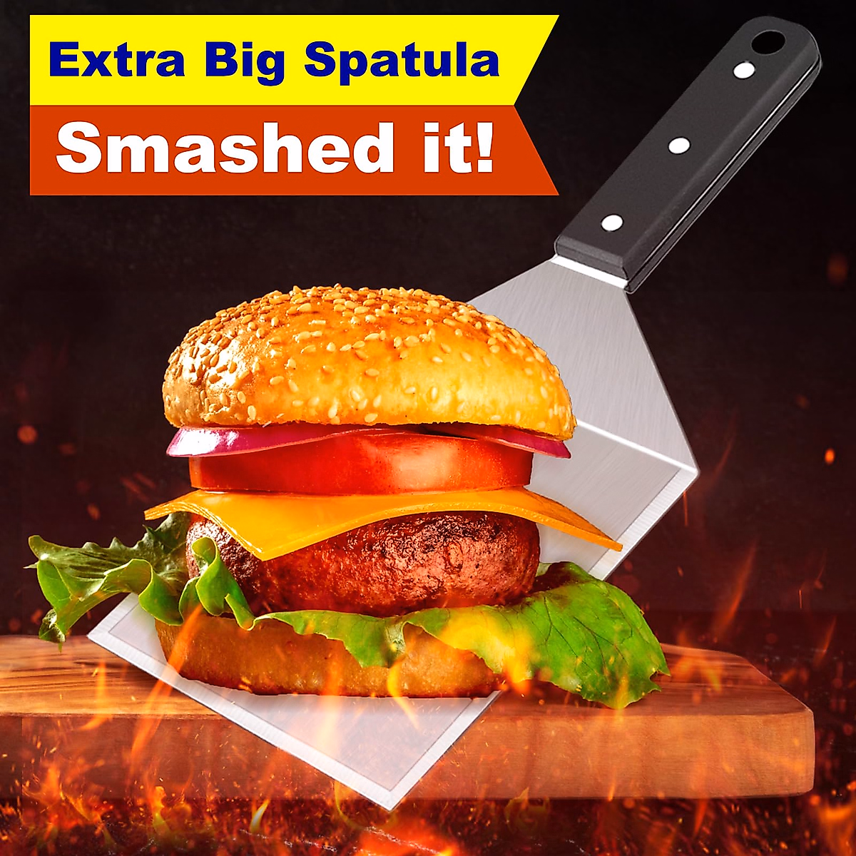 Leonyo Griddle Accessories Set of 7, Stainless Steel Metal Spatula Scraper Turner for Flat Top Grill Pan BBQ, Dishwasher Safe, 6 x Hanging Hooks