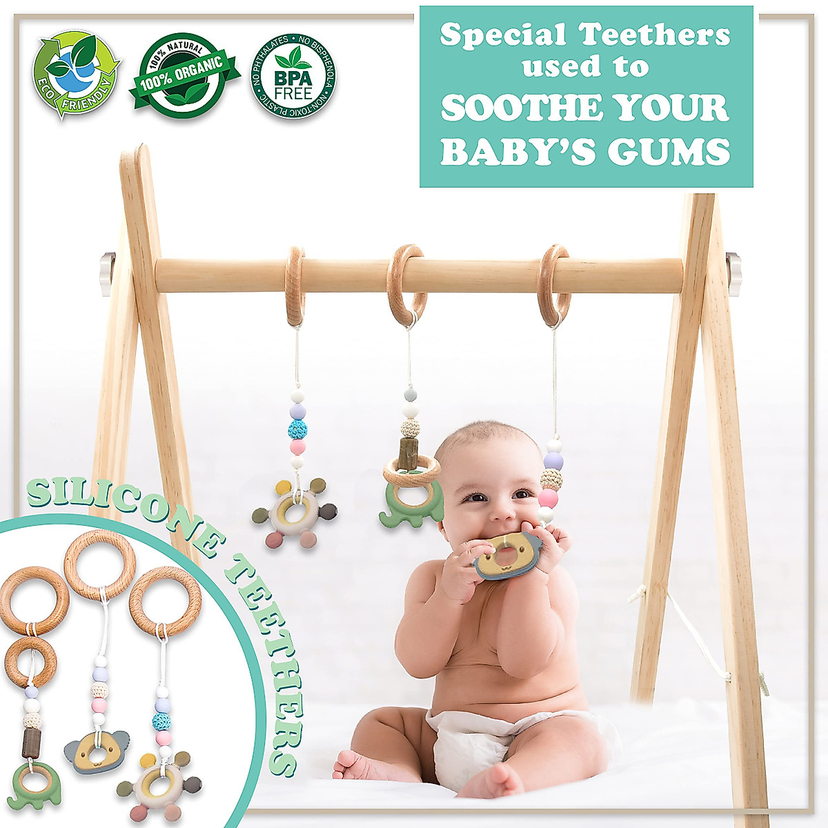 LaviElle Wooden Baby Gym for 0-1.5 Years | Certified Foldable Play Toys with Hanging Bar and Non-Toxic and Unique Teethers | Baby Activity Gym Perfect Gifting - Newborn Babies | Toddlers Development