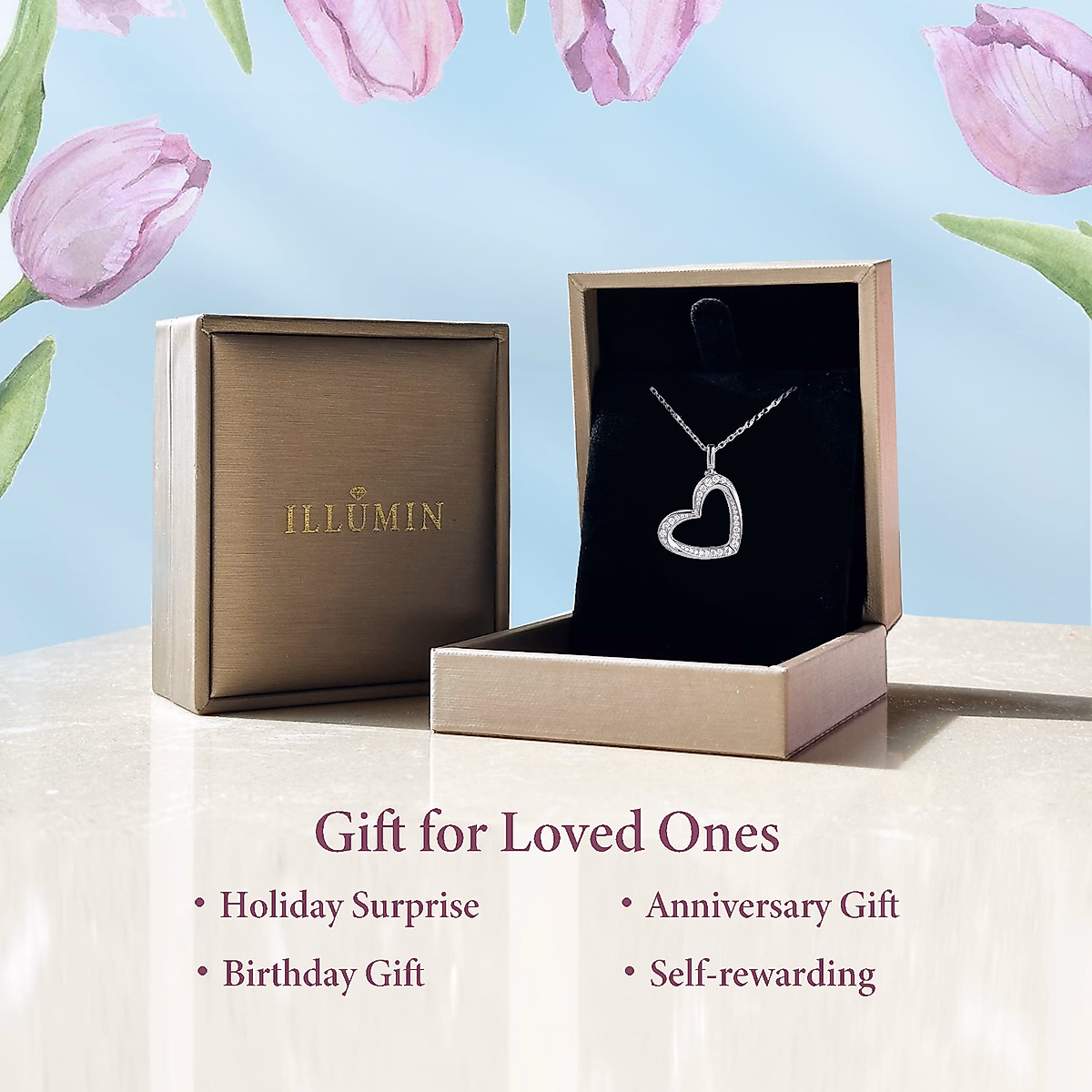 ILLUMIN Tender Tilted Heart Pendant Necklace for Women 925 Sterling Silver with Cubic Zirconia, Rhodium-Plated, 16-18 inch Adjustable Cable Chain