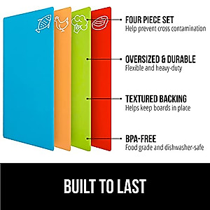 Gorilla Grip Cutting Boards for Kitchen, Set of 4 Durable Mats with Food Icons, Flexible Dishwasher Safe Plastic, Slip Resistant BPA Free Large Mat for Meat, Fish, Vegetables, Chopping Board, Multi