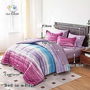 Flysheep 7 Pieces Bed in a Bag King Size, Gradient Purple Red Teal Ombre Boho Striped Comforter Sheet Set, Vibrant Clolorful Patchwork Rainbow Bohemian Bedding Set for All Season