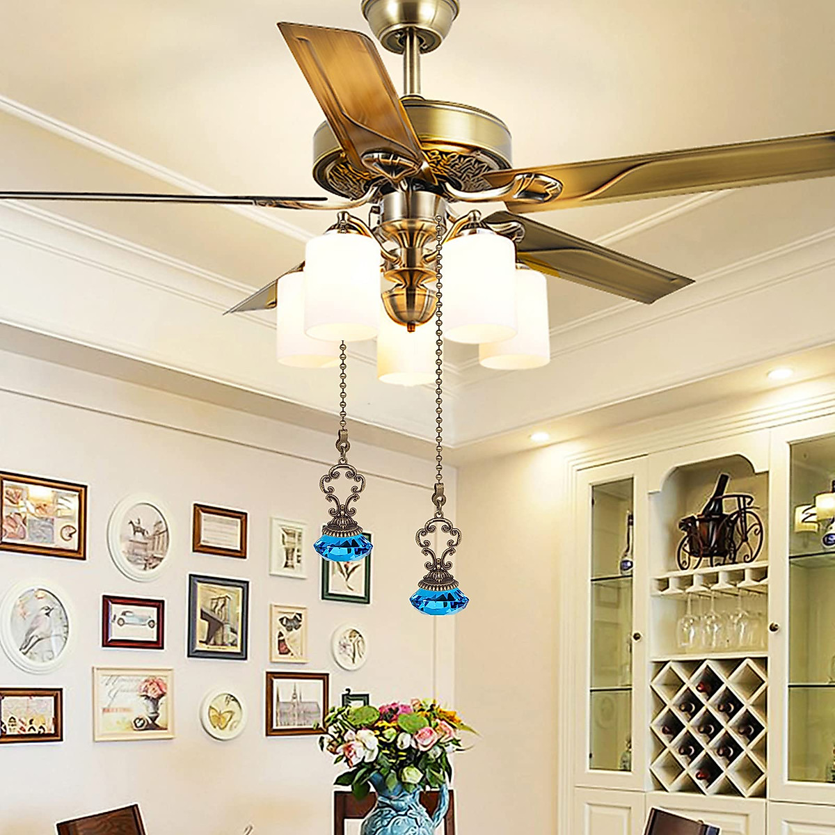 2pcs Light Blue Crystal Fan Pull Diamond Drop Vintage Pull Chain Ceiling Pull Chain Extender with Connector