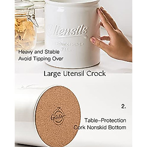 Getstar Utensil Holder for Kitchen Counter (7.2” x 6.2”) , Large Kitchen Utensil Holder with Protective & Non-Slip Cork Mat, Ceramic Cooking Utensil Holder (White)