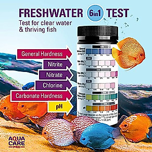 Freshwater Aquarium Test Strips 6 in 1 - Fish Tank Test Kit for Testing pH Nitrite Nitrate Chlorine General & Carbonate Hardness (GH & KH) - Easy to Read Wide Strips & Full Water Testing Guide - 64 Ct