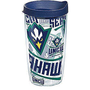 Tervis UNC Wilmington Seahawks All Over Insulated Tumbler with Wrap and Navy Lid, 16oz, Clear