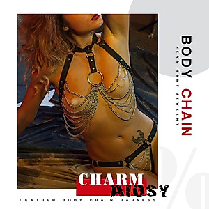 Aiosy Punk Waist Chain Black Leather Body Chain Harness Belly Belt Chains Nightclub Party Body Accessories Jewelry for Women (D)