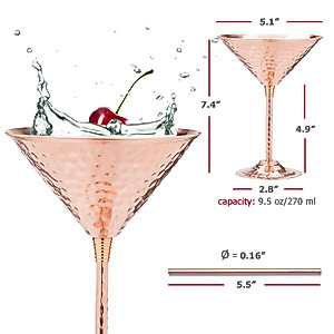 Mosscoff Copper martini glasses set of 2 9.5oz Hand hammered solid copper goblets with exquisite reinforcement ring. – Bonus pure copper straws – A gift set Valentine's day no one can resist