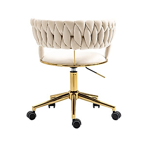 Goujxcy Velvet Swivel Chair, Velvet Desk Chair with Gold Base, Cute Makeup Vanity Chair for Women Girls, Woven Back Adjustable Armchair Task Computer Chair for Home Office Bedroom Living Room, Beige