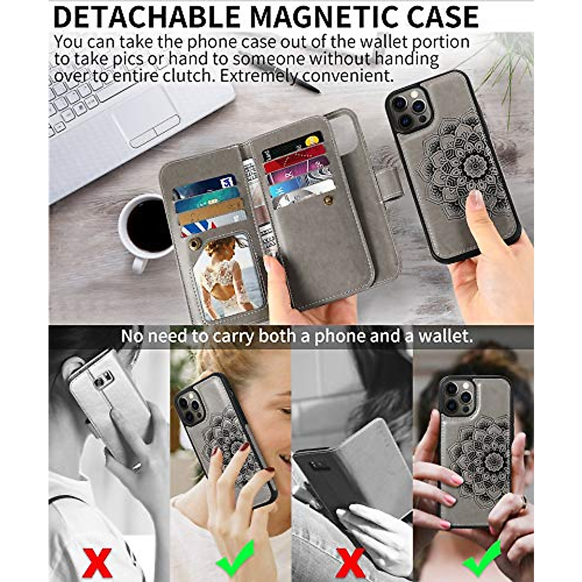 CASEOWL for iPhone 13 Pro Max Case Wallet for Women, Detachable Mandala Embossed Leather Wallet Phone Case with 9 Card Holder[RFID Blocking], Wristlet (Gray)