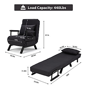 Haddockway 3-in-1 Convertible Sofa Bed Sleeper Chair with Pillow,Folding Versatile Upholstered Armchair,Adjustable Leisure Chaise with 6 Positions,Lazy Bed Lounge Recliner for Home,Office (Black)
