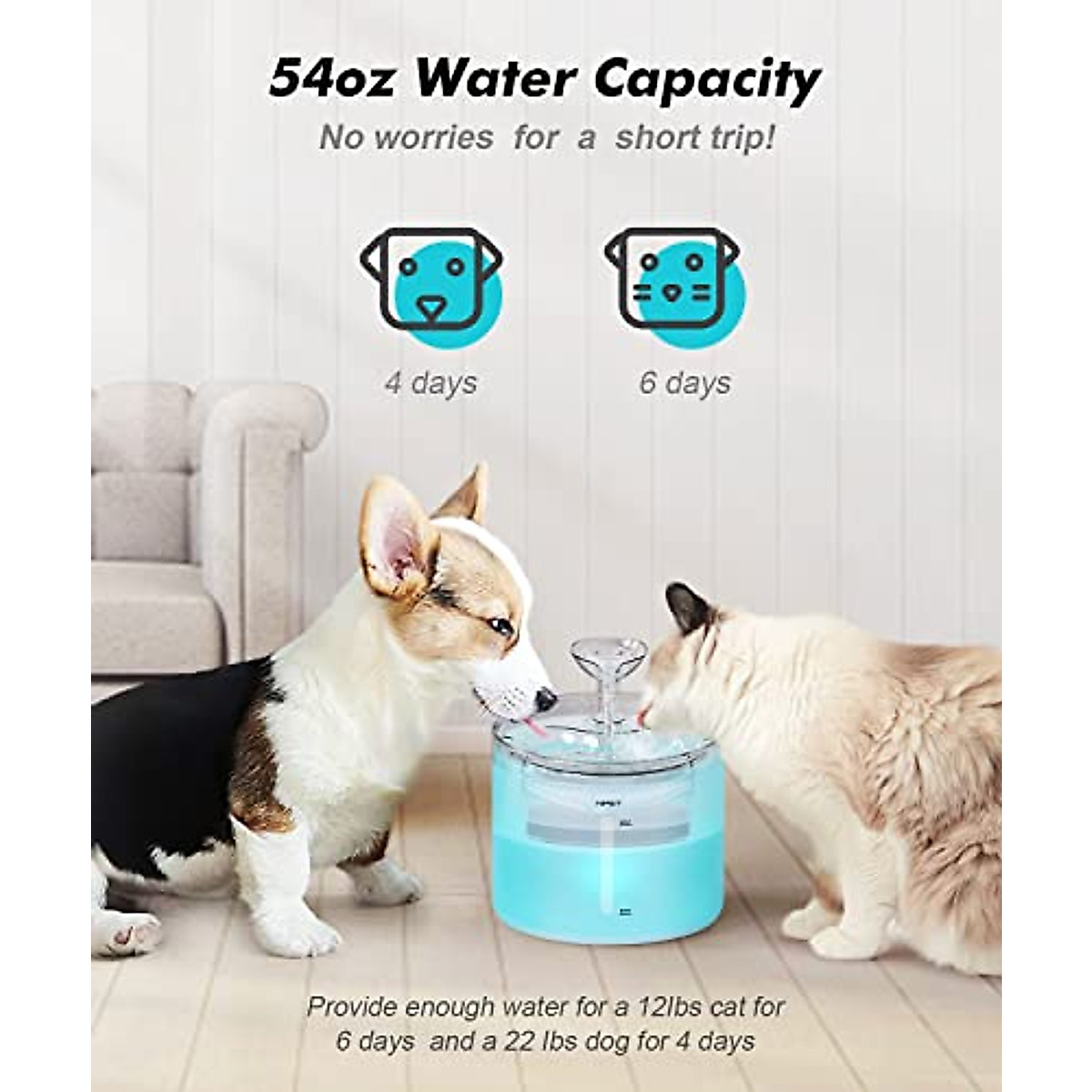 NPET WF100 Cat Water Fountain, 54oz/1.6L Automatic Pet Fountain Cat Water Dispenser with 2 Flow Modes, Light Quiet Pump for Cats (Adapter Not Included)