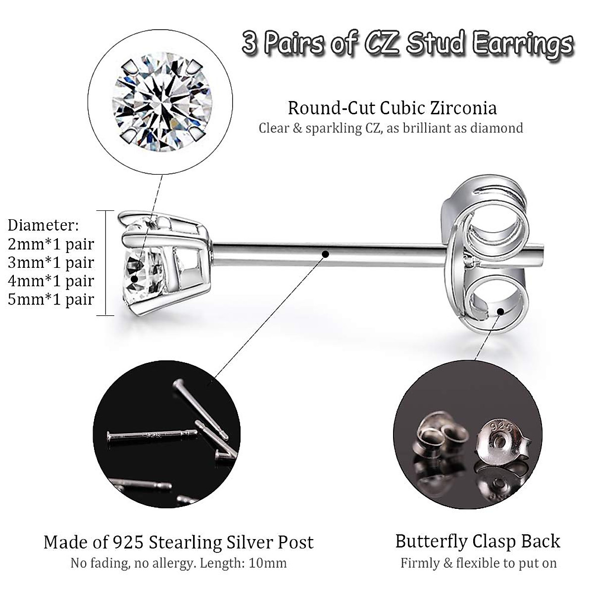 Silver Stud Earrings for Women Men 4 Pairs of Hypoallergenic Small White Gold Plated Cubic Zirconia Cartilage Earrings Jewelry Sets (2mm/3mm/4mm/5mm)