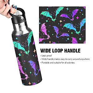 Yasala Halloween Water Bottle Bat Star Neon Coffee Thermos Stainless Steel Insulated Beverage Container 20 oz with Straw Lid BPA-Free for Sport, Travel, Camping, Back to School