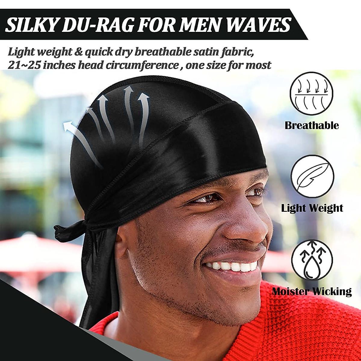 ASKNOTO 5 Pcs Silky Durag Headwraps with Long Tail and 2 Pcs Satin Wave Cap Perfect for Men 360 Waves