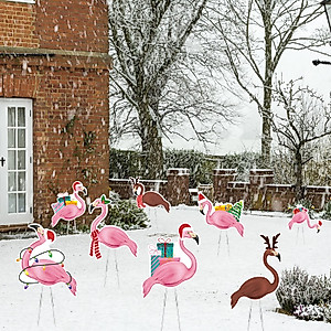 8 Pieces Flamingo Christmas Yard Signs Stakes Pink Flamingo Lawn Decorations Summer Tropical Flamingo Yard Decorations for Outdoor Garden Home Xmas Party