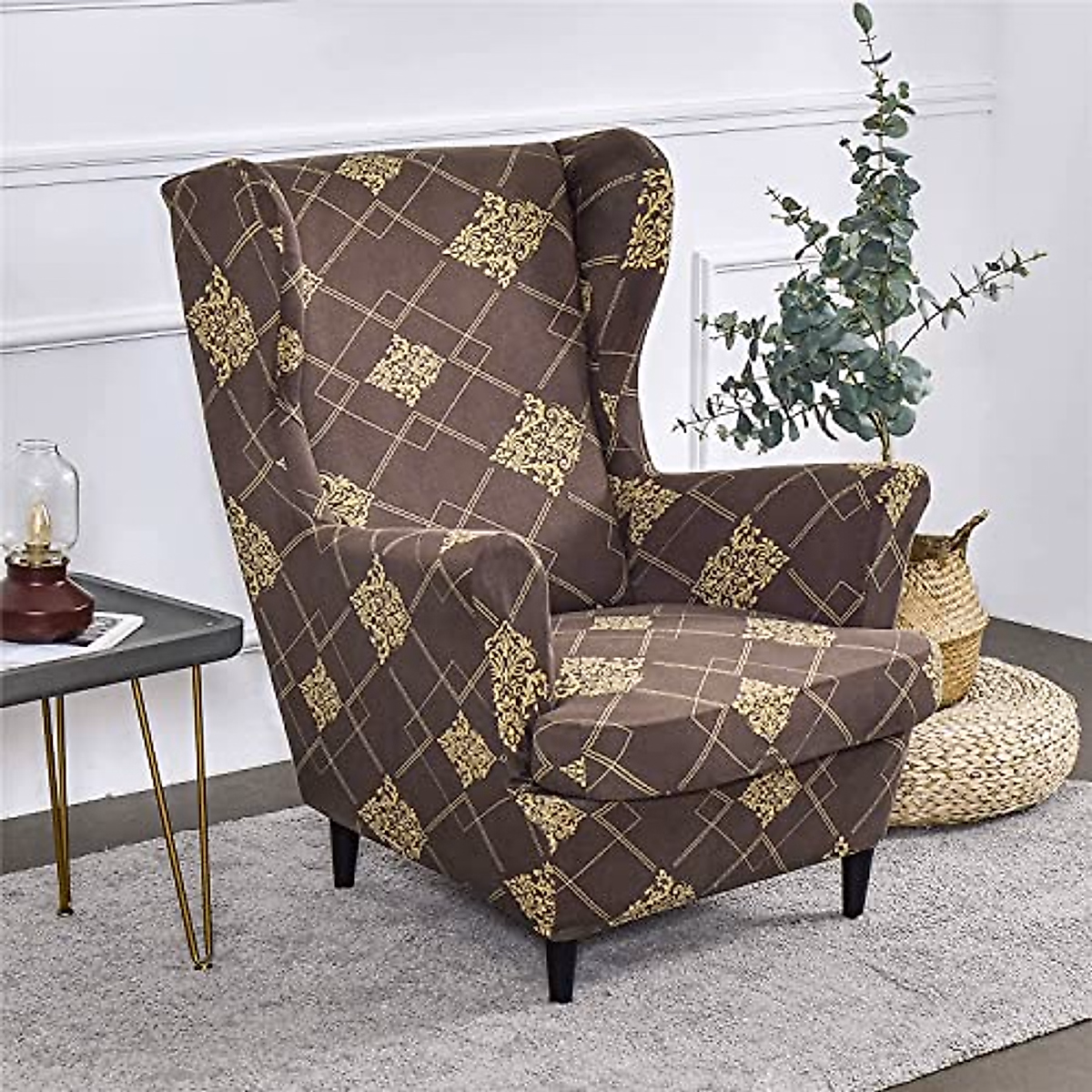 IMYOGI Stretch Wing Chair Slipcover 2 Pieces Wingback Covers with Seat Cushion Slipcover, Non-Slip Armchair Covers Furniture Protector for Kids and Pets (Color : Loka)
