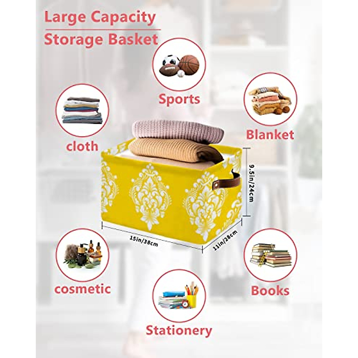 Yellow Storage Bins for Organizing, Decorative Large Closet Organizers with Handles Cubes - 2 Pack Fabric Baskets for Shelves, Closets, Laundry, Nursery, Classical Luxury Damask Texture