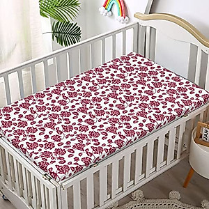 Rose Themed Fitted Mini Crib Sheets,Portable Mini Crib Sheets Ultra Soft Material-Crib Mattress Sheet or Toddler Bed Sheet,24“ x38“,Pale Maroon White