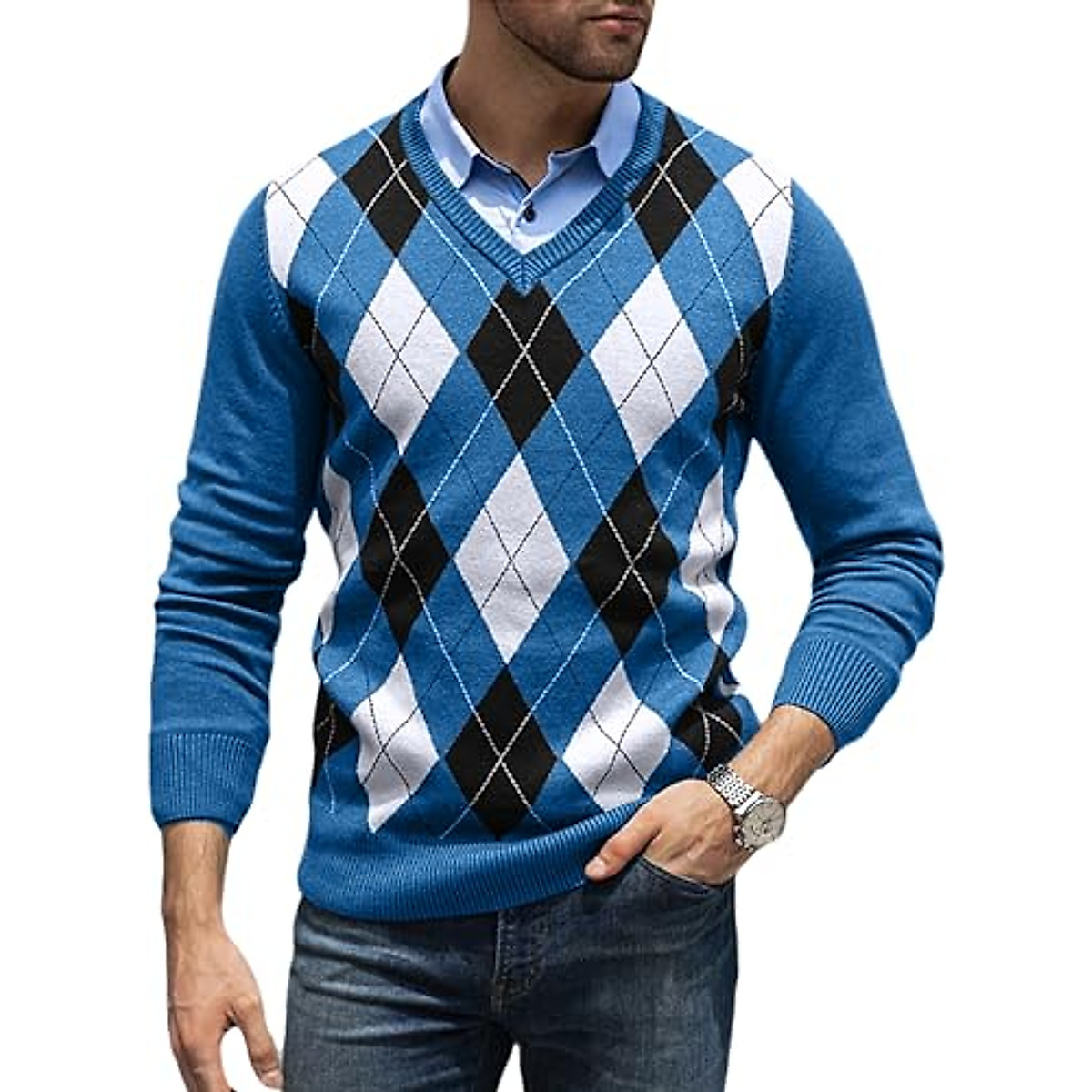 JMIERR Mens Pullover Knitted V Neck Long Sleeve Argyle Sweater, US 43(L), Sky Blue