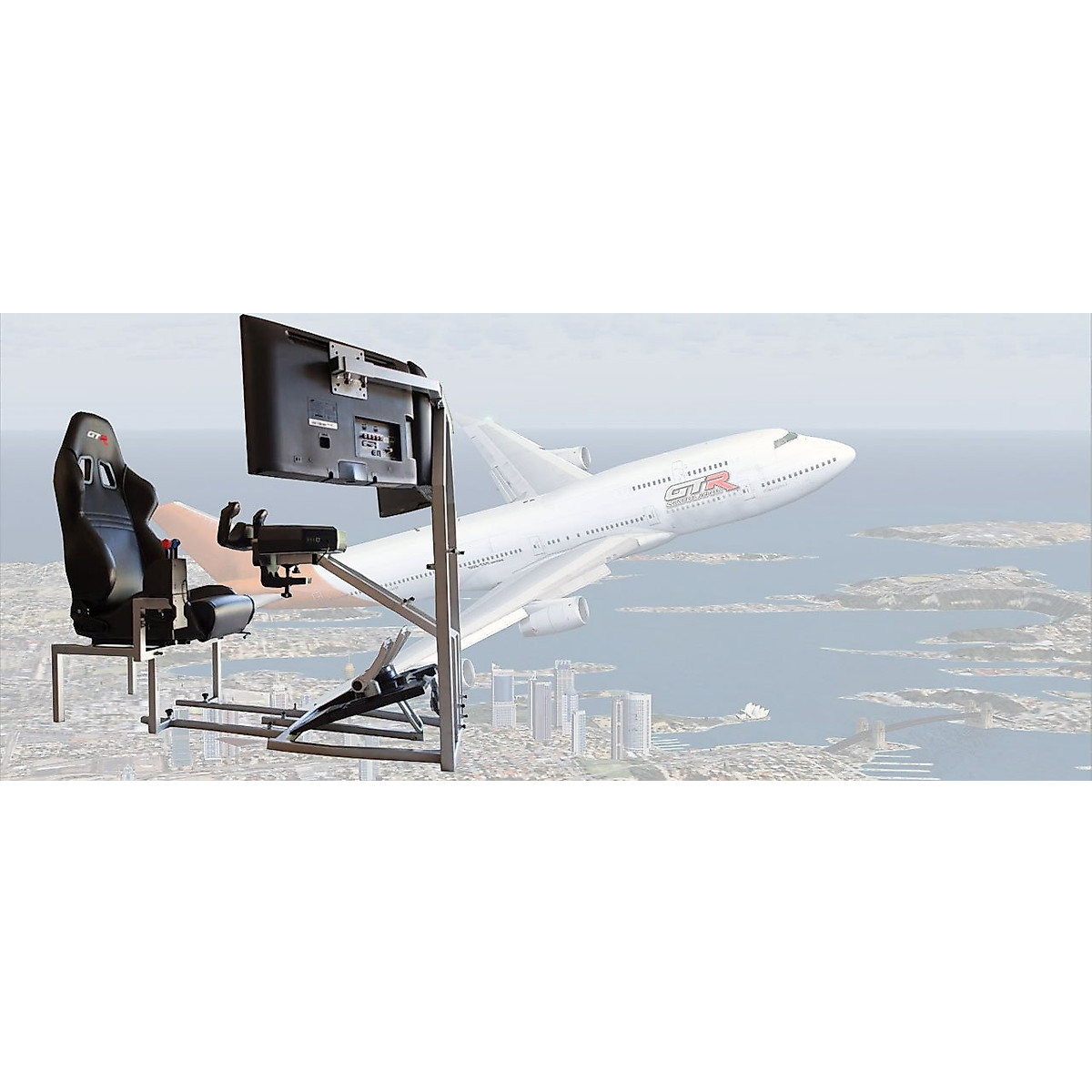GTR Simulator CRJ Model Flight Simulator Silver Frame with Adjustable Majestic Black Leatherette Seat Flight Simulation Cockpit with Dual Control Mount and Triple | Single Monitor Stand