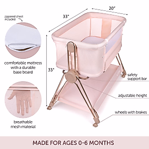 KOOLABABY Baby Bedside Sleeper - Bassinet & Bedside Crib with Height Adjustment & Wheels - Can Be Placed Next to Bed - Attaches to Parents Bed - Easy to Fold & Carry Baby Bed for Girls (Pink)
