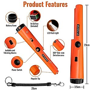 Metal Detector Pinpointer, Professional Waterproof Handheld Pin Pointer Wand, Portable Treasure Finder Pinpointing Probe LED Buzzer Vibration Sound with 9V Battery