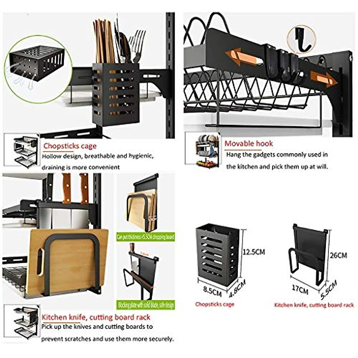 FEHUN Sinks,3-Layer 201 Stainless Steel Kitchen Wall-Mounted Dish Rack Drain Rack with Chopsticks Cage,Kitchen Cutting Board Rack