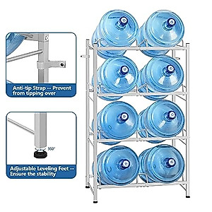 5 Gallon Water Jug Holder of 4 Tiers Water Bottle Storage Rack Stand with Large Capacity for 8 Bottles Heavy Duty Water Bottle Organizer Save Space for Kitchen, Dining Room, Garage (Silver)