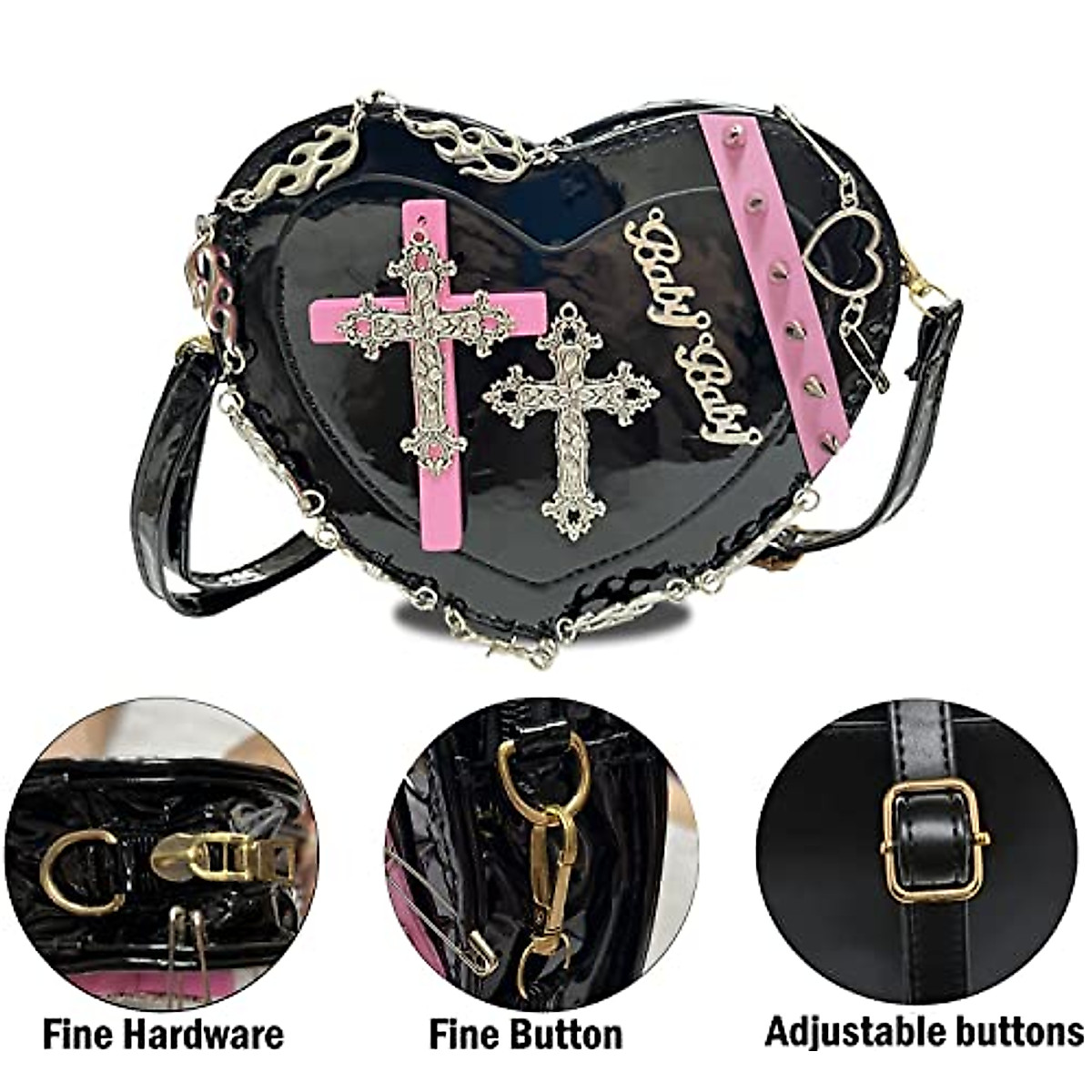 Goth Purse Kawaii Gothic Bag Y2K Heart Shaped Bag Punk Cross Decor Bag Studded Crossbody Bag (Black)