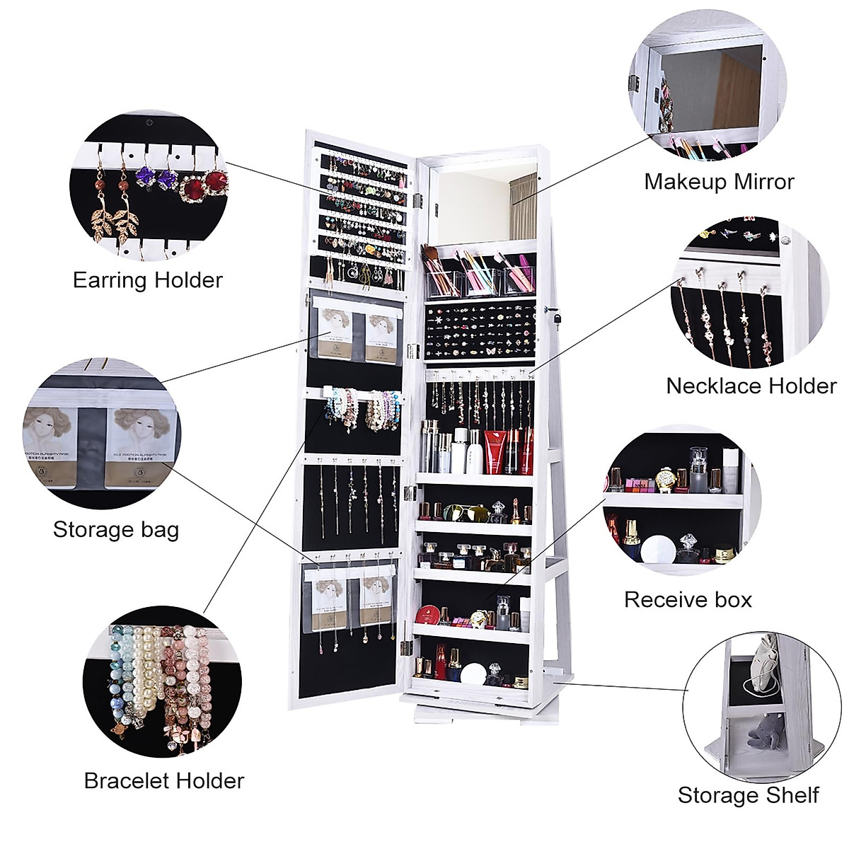 soges 360° Swivel Jewelry Mirror Cabinet with Back Storage Shelves, Full Length Mirror with Jewelry Storage, Standing Rotating Jewelry Organizer Armoire Lockable, White
