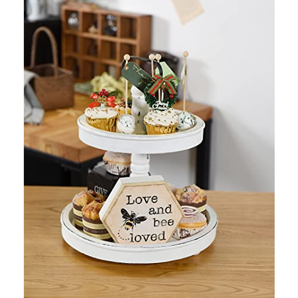 Funly mee Distressed Rustic White Wood Two-Tier Tray with Metal Handle,Decorative Organizer Tray for Kitchen Counter Top or Dining Room Table(White)