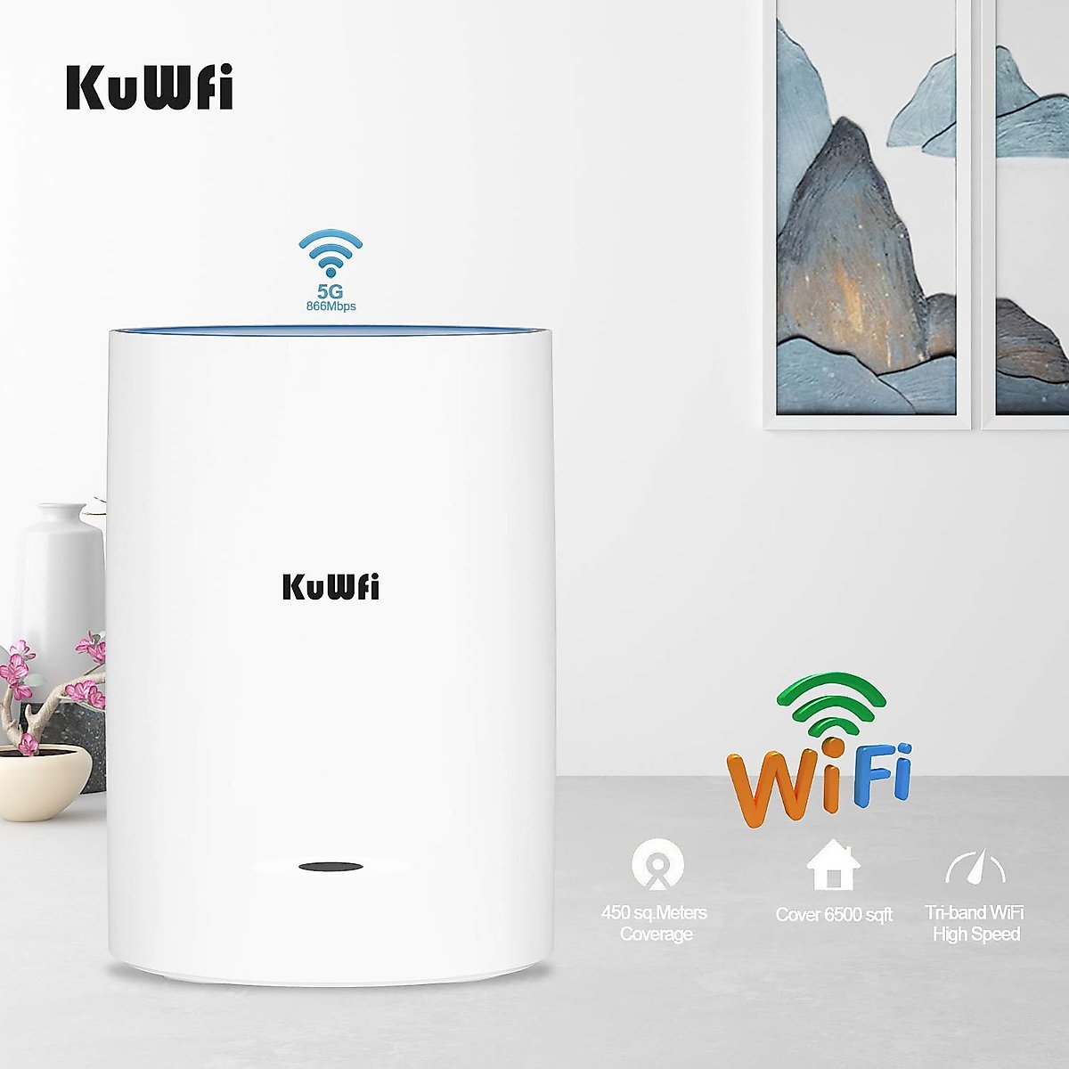 KuWFi 3-Pack Tri-Band Whole Home Mesh WiFi System with AC2200 Speed Gigabit Mesh WiFi 5 Router & Extender Replacement Covers up to 6500 sq.ft Tri-Band WiFi Mesh +2 Node