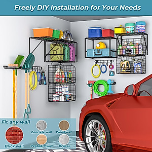 ThreeHio Garage Shelf Wall Mounted with Wire baskets, Heavy Duty Garage Wall Shelving with Garden Tool Rack and Hooks, Wire Shelf Baskets Tool Organizer for Home Garden Garage Organization and Storage