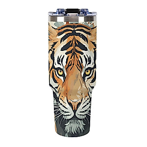 MNVTSKOP 40 Oz Tumbler With Handle And Straw Black Year of The Tiger Tiger Face Printed Stainless Steel Car Cup Coffee Mug Leak Proof Insulated Water Bottle for Travel Camping Gym