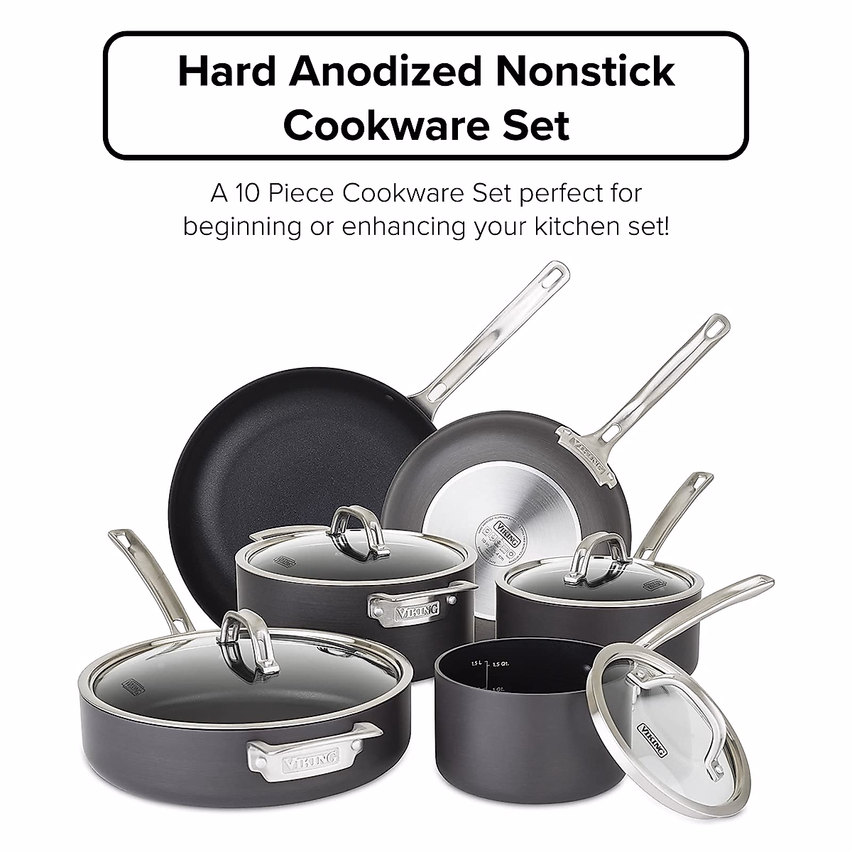 Viking Culinary Hard Anodized Nonstick Cookware Set, 10 Piece, Dishwasher, Oven Safe, Works on All Cooktops including Induction
