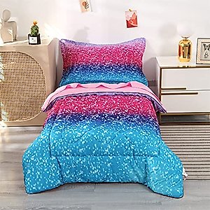 Wowelife 4 Piece Galaxy Toddler Bedding Sets Star Toddler Comforter Sets Pink Blue for Girls and Boys Gradient Glitter Comforter Sheet Set with Comforter, Fitted Sheet, Flat Sheet and Pillowcase