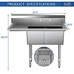 HARDURA Stainless Steel 2 Compartment Sink Left Drainboard & Freestanding NSF Certified Commercial Utility Basin With Two 15" L X 15" W X 12" D Bowl For Kitchen & Restaurant Laundry Room, Garage