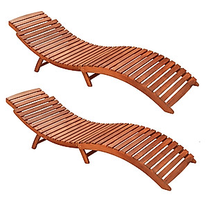 Flamaker Lounge Chairs for Outside Folding Acacia Wood Chaise Lounge with Side Handle Sun Lounger for Poolside, Lawn, Backyard (2 Piece)
