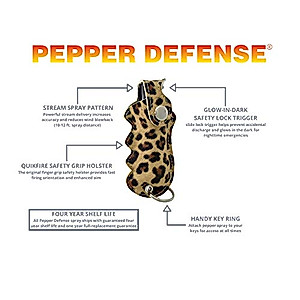 Pepper Defense 1/2 oz. Pepper Spray with Grip Holster and Keychain Attachment - Safety Twist Lock Glow Trigger - Maximum Strength 10% OC Formula - Self Defense Personal Protection (Leopard 2-Pack)