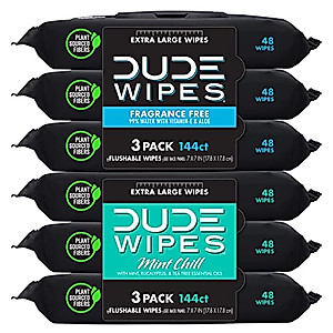 DUDE Wipes - Flushable Wipes - 6 Pack, 288 Wipes - Unscented & Mint Chill Combo, Extra-Large Adult Wet Wipes with Vitamin-E & Aloe for at-Home Use - Septic and Sewer Safe