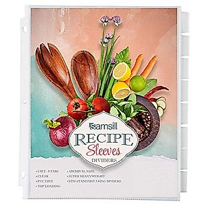 Samsill 8 Tab Recipe Dividers, Recipe Sleeves, Sheet Protector Dividers, with Tab Inserts, Clear, Super Heavyweight, Top Loading, 3 Hole Punched for Standard Letter Size Binders, Archival Safe