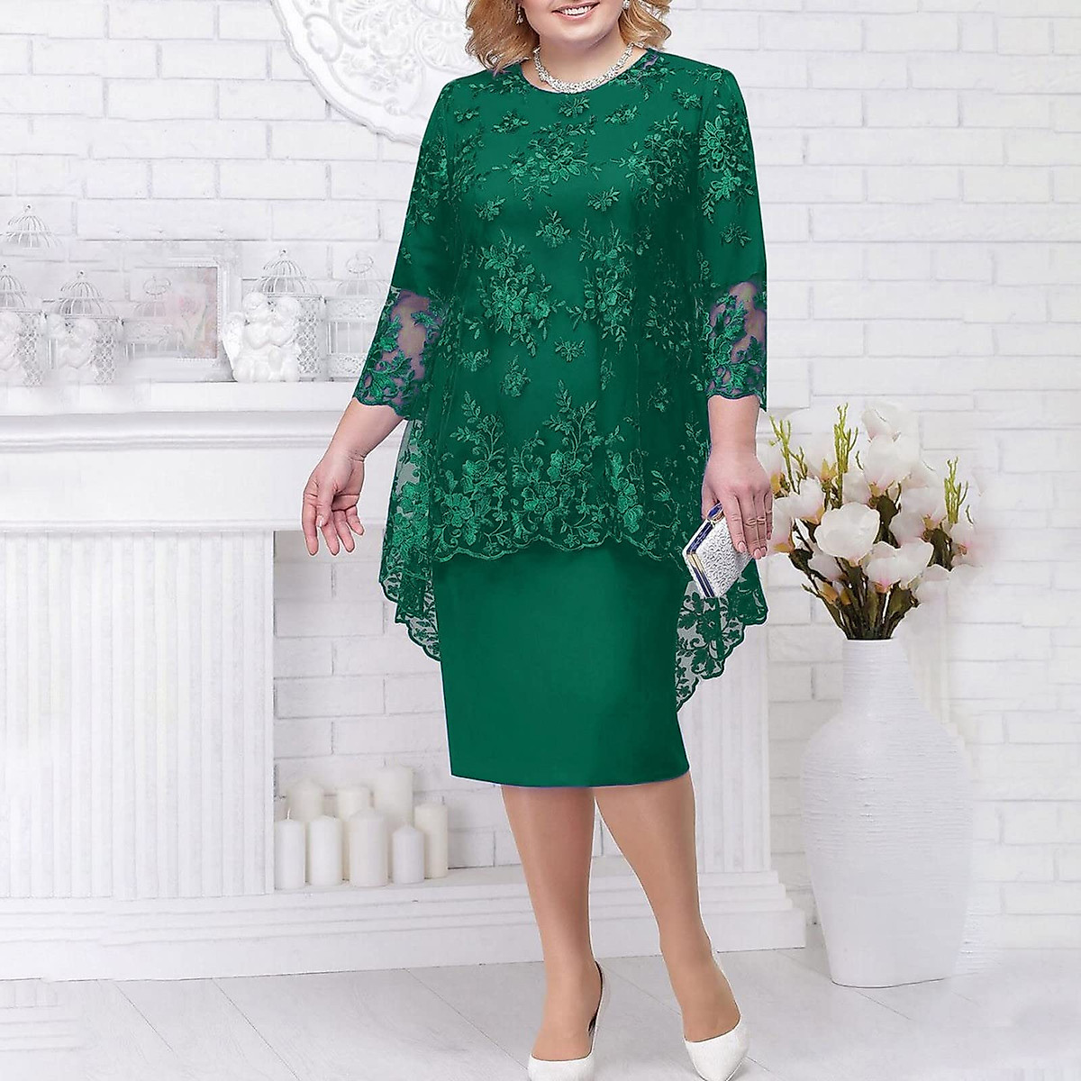 ADHOWBEW Wedding Guest Dresses for Women Plus Size Lace Chiffon Two Piece Set Dress Elegant Long Sleeve Midi Dress Vestidos Elegantes De Mujer para Fiesta Mother of The Bride Dresses Medium Green